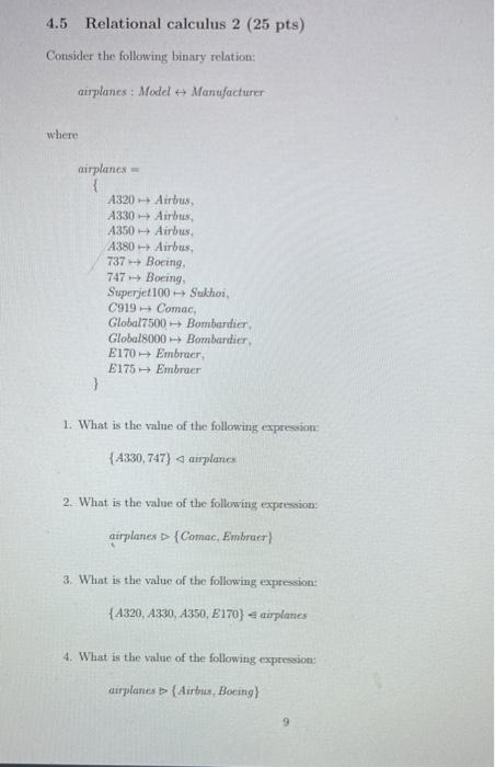Solved 4.5 Relational calculus 2 (25 pts) Consider the | Chegg.com