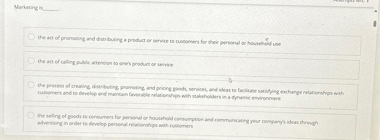Solved Marketing isthe act of promoting and distributing a | Chegg.com