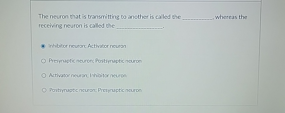Solved The neuron that is transmitting to another is called | Chegg.com
