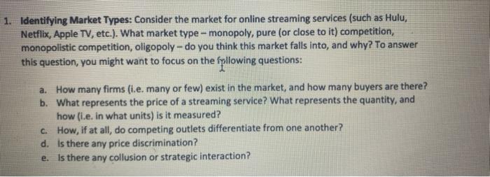 Solved 1. Identifying Market Types: Consider the market for | Chegg.com