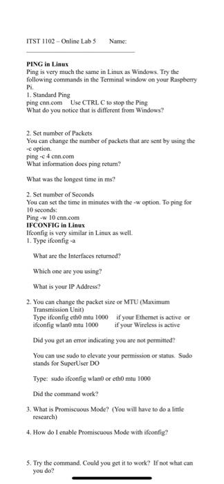 ITST 1102 - Online Labs Name: PING in Linux Ping is | Chegg.com