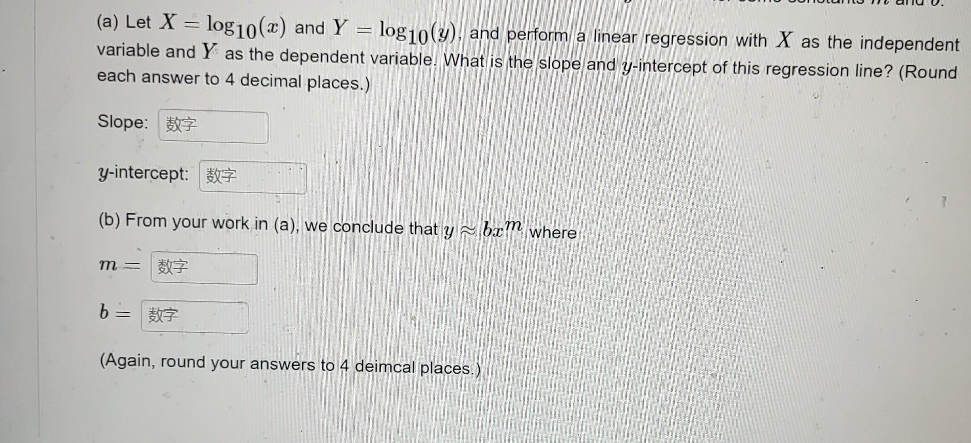 Solved (a) Let X=log10(x) and Y=log10(y), and perform a | Chegg.com