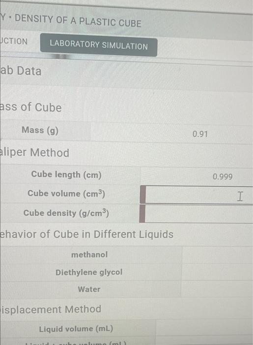 Solved Y. DENSITY OF A PLASTIC CUBE UCTION LABORATORY | Chegg.com