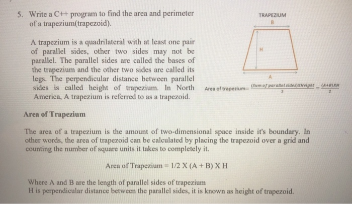 (Solved) : 5 Write C Program Find Area Perimeter Trapezium Trapezoid ... (Solved) : 5 Write C Program Find Area Perimeter Trapezium Trapezoid ...