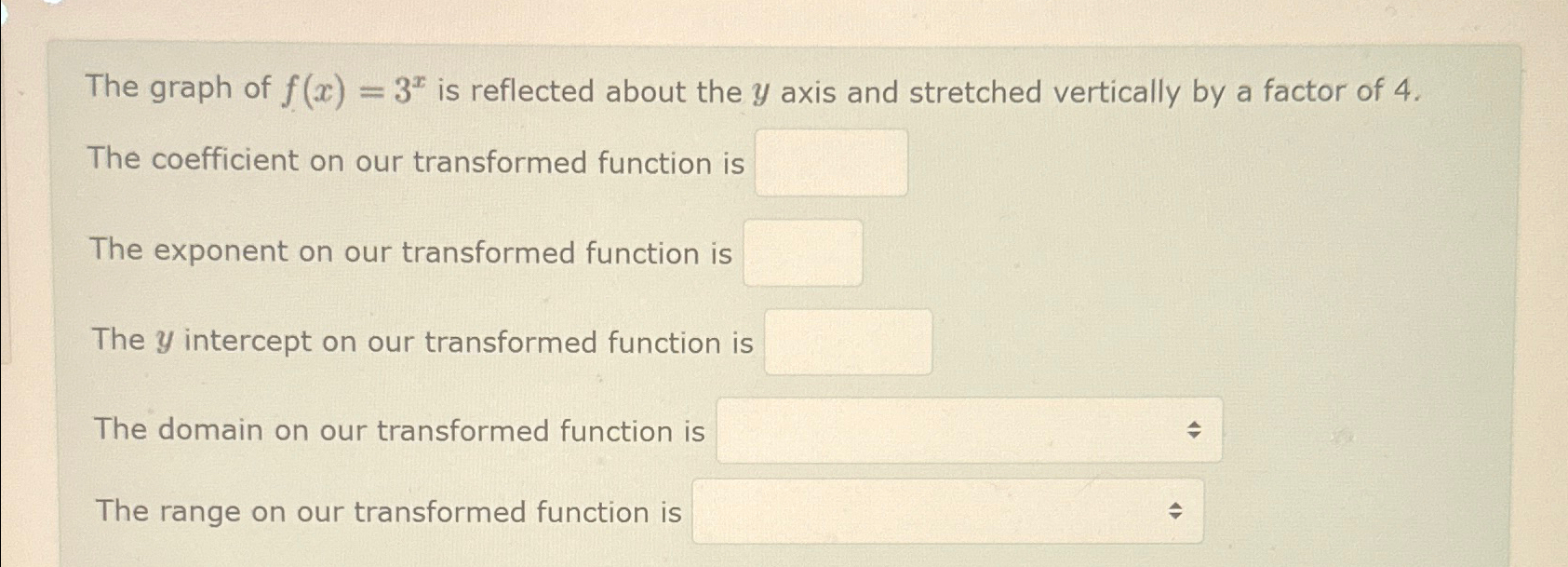 Solved The graph of f(x)=3x ﻿is reflected about the y ﻿axis | Chegg.com