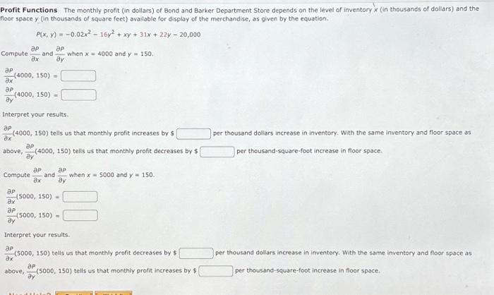 Solved Profit Functions The monthly profit (in dollars) of | Chegg.com