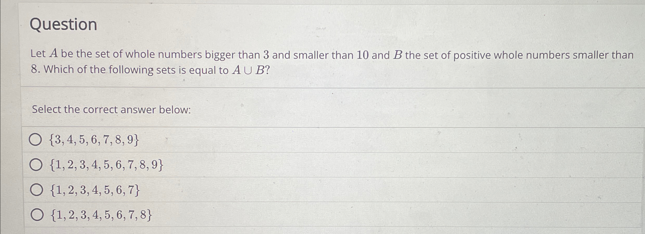 Solved QuestionLet A ﻿be the set of whole numbers bigger | Chegg.com