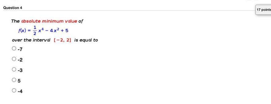 Solved The absolute minimum value of f(x)=21x4−4x2+5 over | Chegg.com