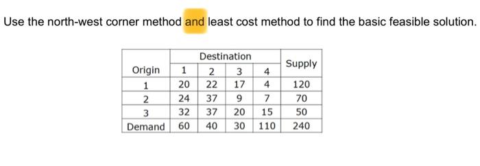 Solved Use the north-west corner method and least cost | Chegg.com