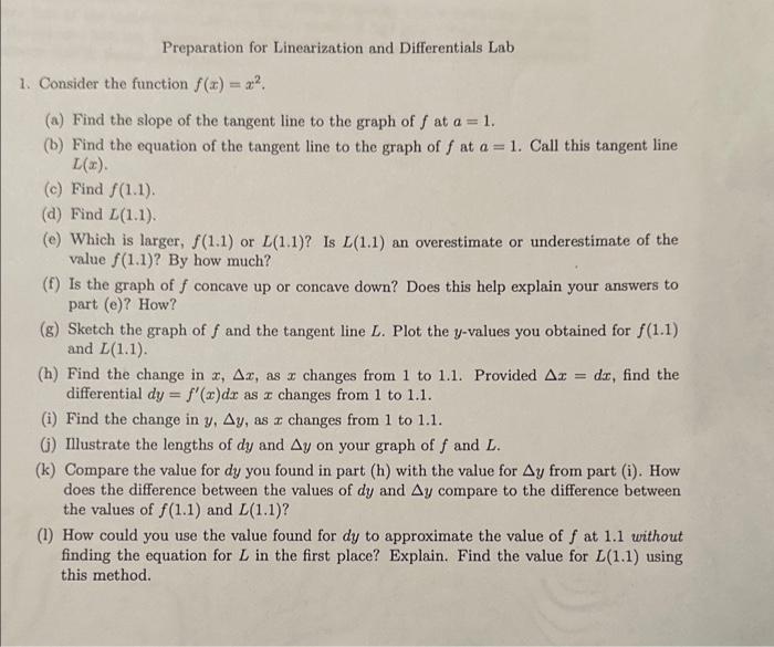 Solved Preparation for Linearization and Differentials Lab | Chegg.com