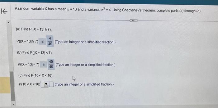Solved A random variable X has a mean μ=13 and a variance | Chegg.com