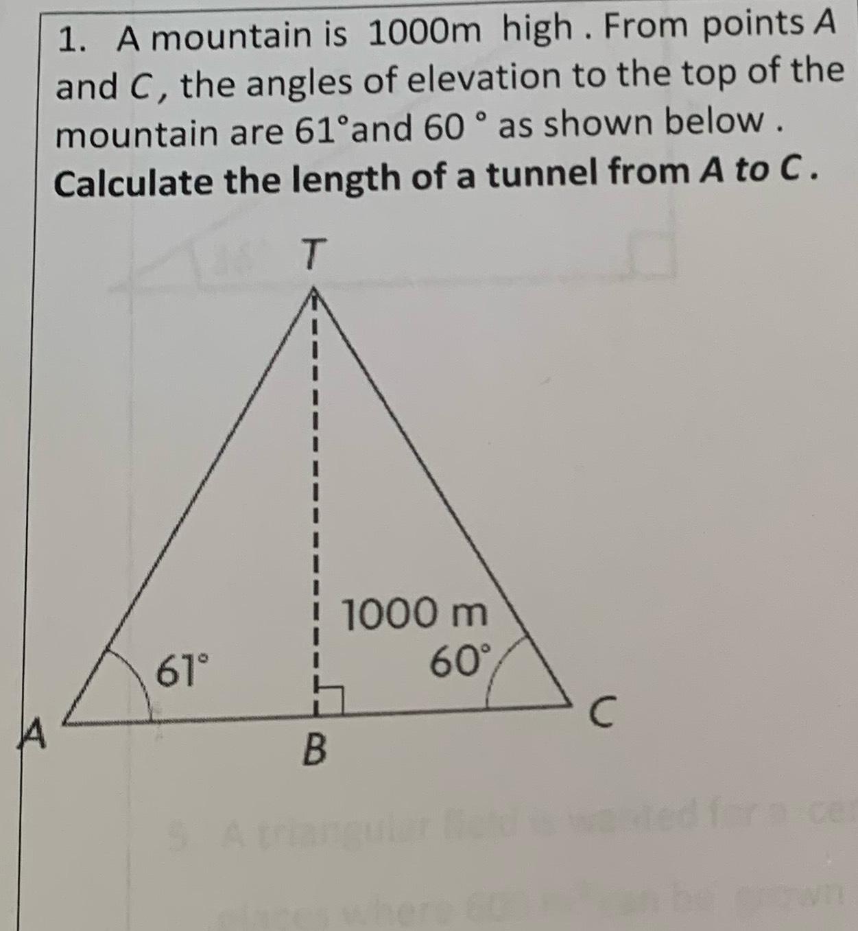 A mountain is 1000m ﻿high. From points A and C, ﻿the | Chegg.com