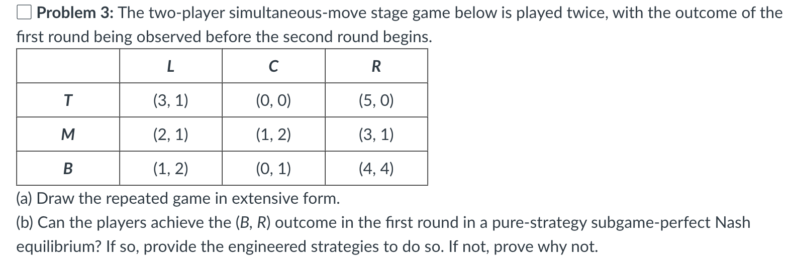 Solved Problem 3: The two-player simultaneous-move stage | Chegg.com