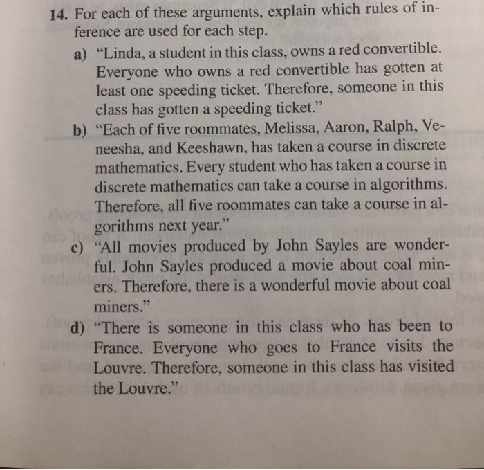 Solved 14. For each of these arguments, explain which rules | Chegg.com