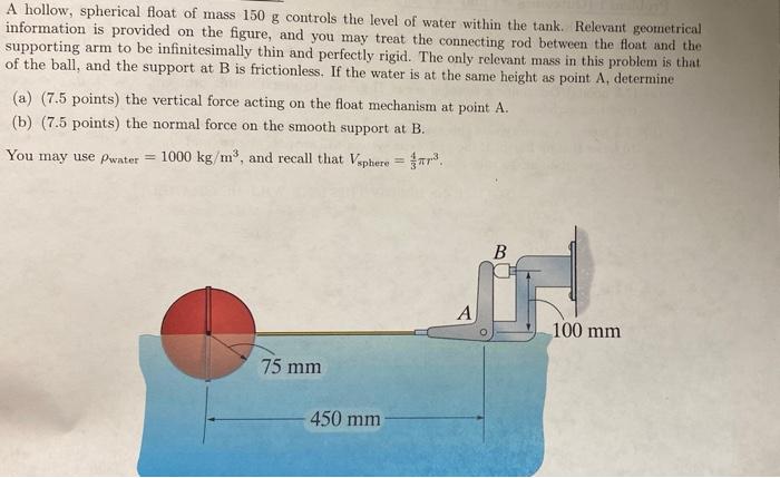 Solved A hollow, spherical float of mass 150 g controls the | Chegg.com