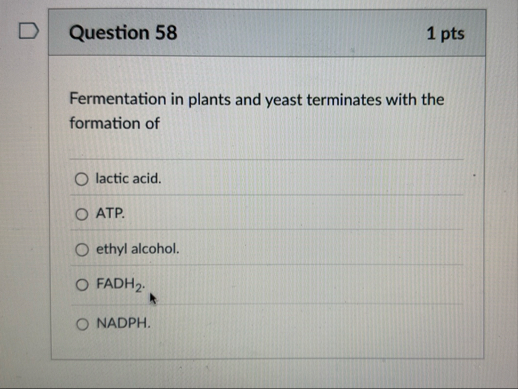 [Solved]: Question 58 1 pts Fermentation in plants and yeast