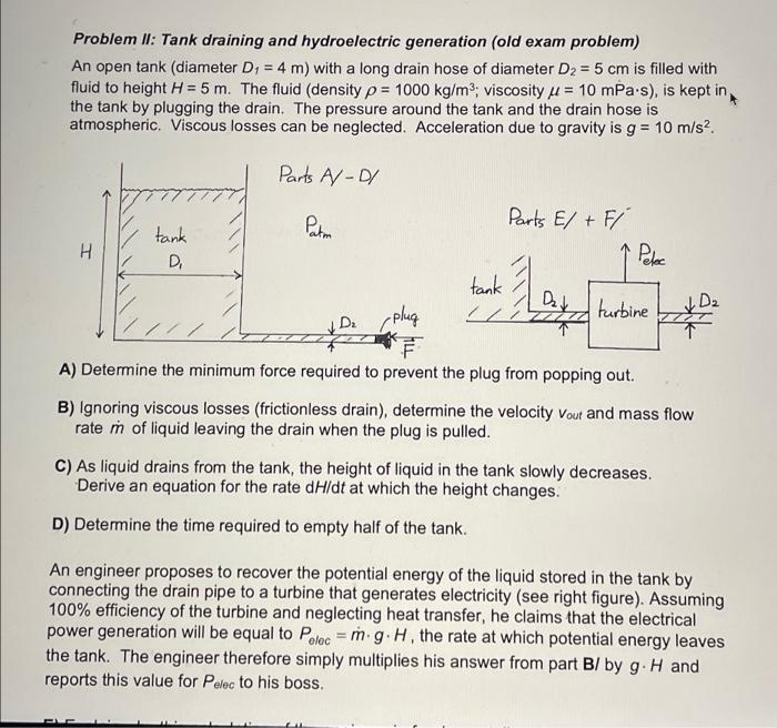 Solved Problem II: Tank draining and hydroelectric | Chegg.com