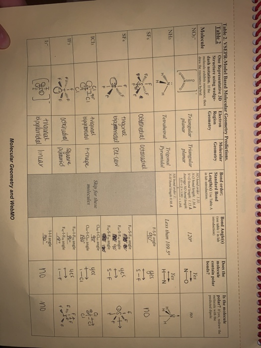 Solved Table 2 Electron Region Geometry Molecular Geometry | Chegg.com