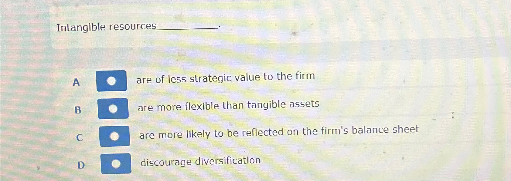 Solved Intangible resources.A are of less strategic value to | Chegg.com