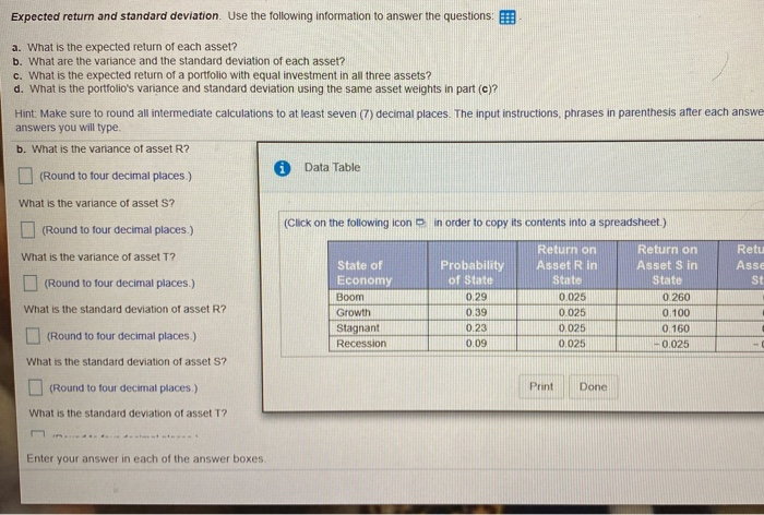 Solved Expected return and standard deviation. Use the | Chegg.com