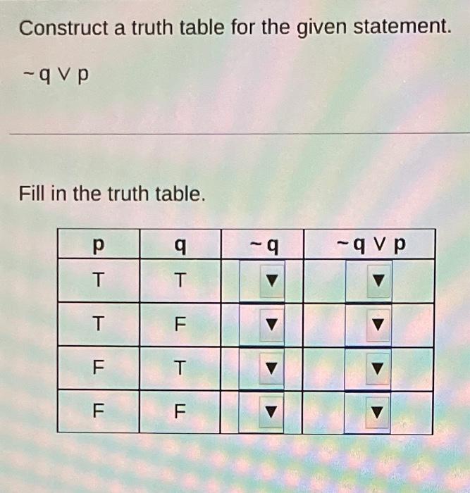 Solved Construct A Truth Table For The Given Statement ∼q∨p 1653
