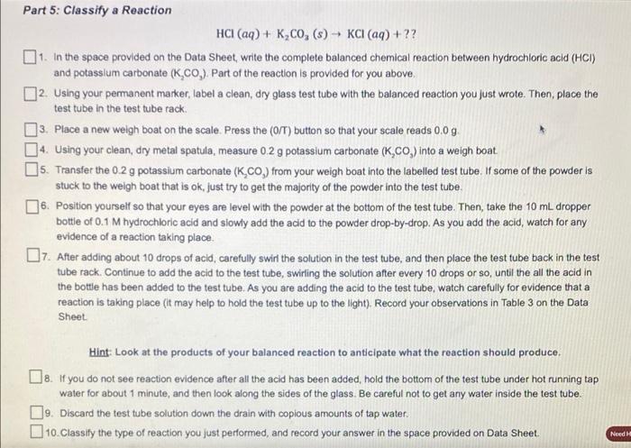 Solved Data Sheet Write the Balanced Reactions for Each Part | Chegg.com