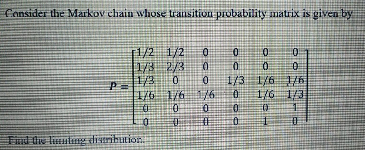 Solved Consider the Markov chain whose transition | Chegg.com