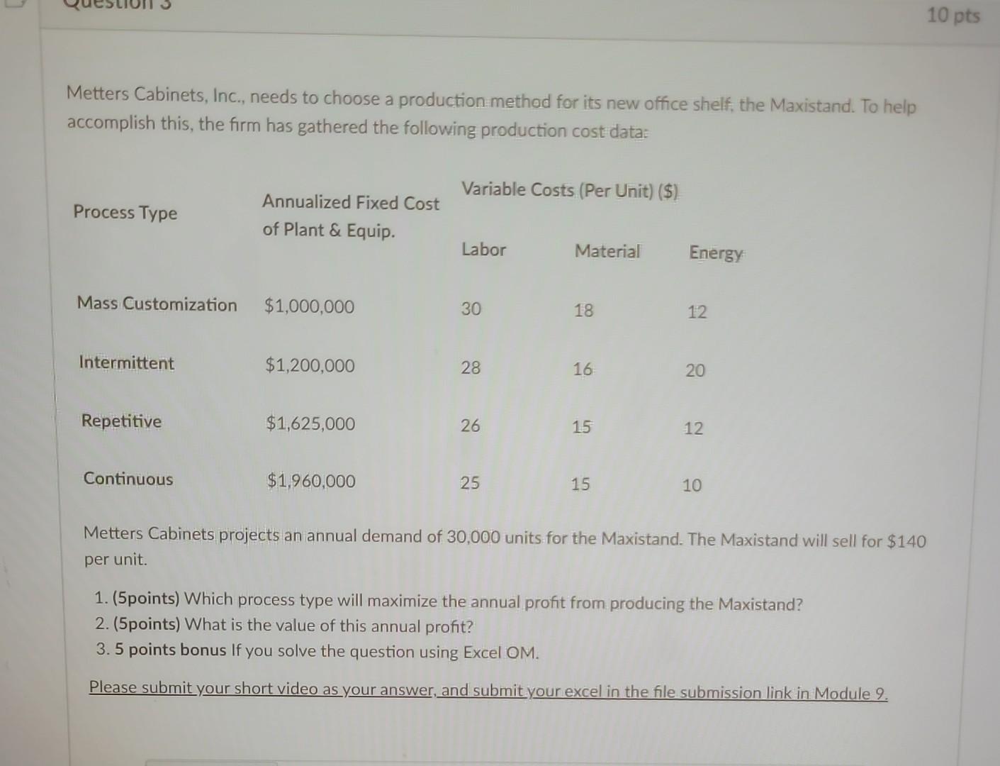 Solved Metters Cabinets, Inc., needs to choose a production | Chegg.com