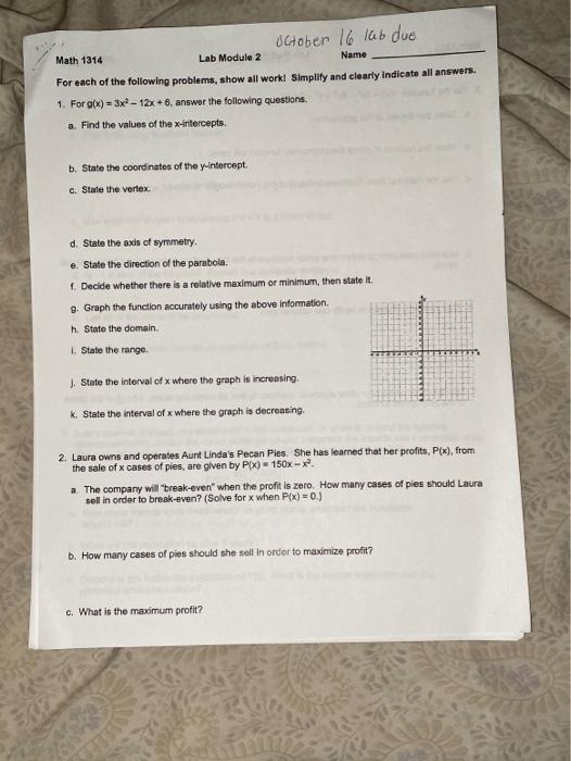 Solved October 16 lab due Math 1314 Lab Module 2 Name For | Chegg.com
