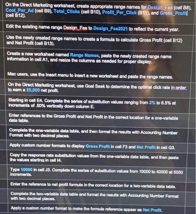 Solved On the Direct Marketing worksheet create appropriate | Chegg.com