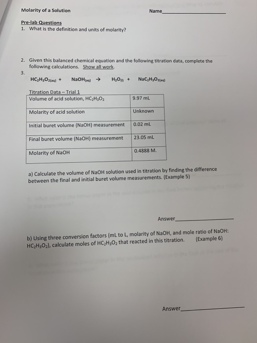 Solved Molarity of a Solution Name Pre-lab Questions 1. What | Chegg.com