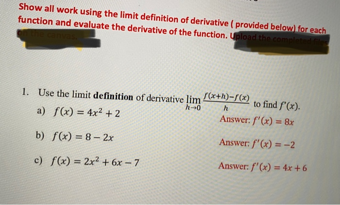 Solved Show all work using the limit definition of | Chegg.com
