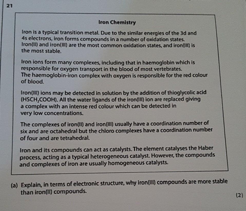 Solved 21 Iron Chemistry Iron is a typical transition metal. | Chegg.com