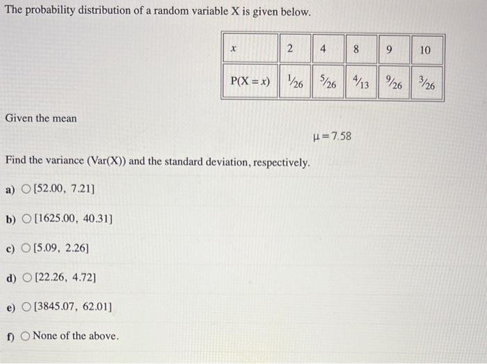 Solved The probability distribution of a random variable X | Chegg.com