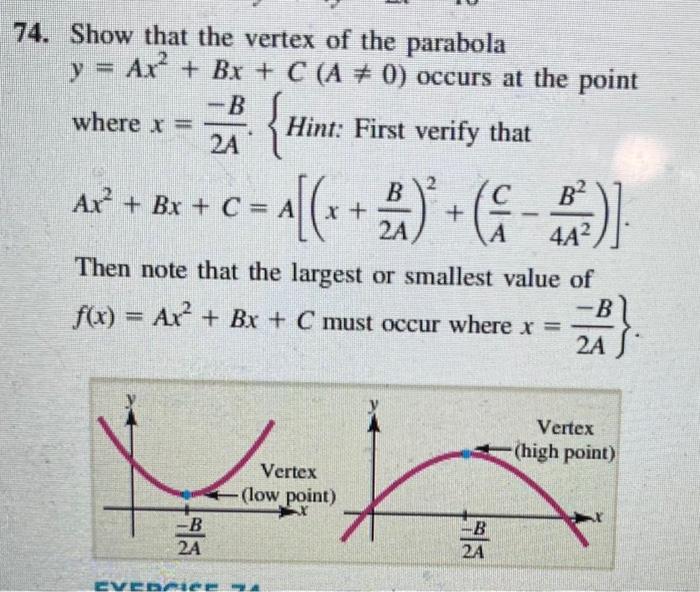 Solved y=Ax2+Bx+C(A =0) occurs at the point where x=2A−B. { | Chegg.com