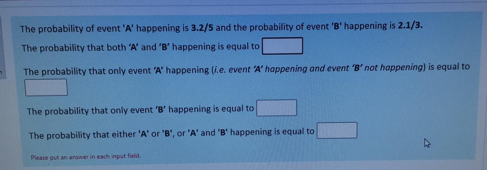 The probability of event 'A' happening is 3.2/5 and | Chegg.com