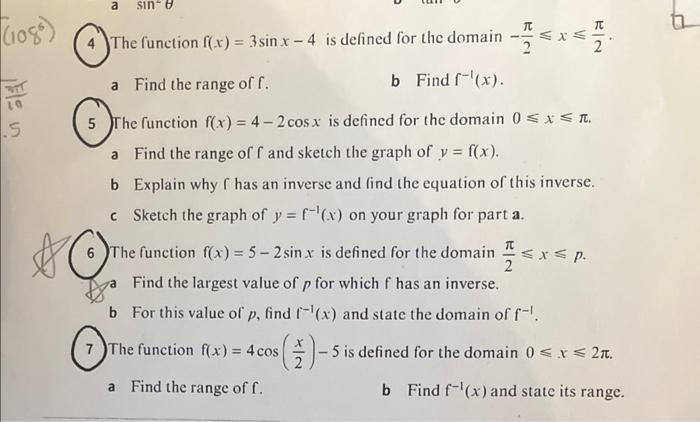 Solved (4) The function f(x)=3sinx−4 is defined for the | Chegg.com