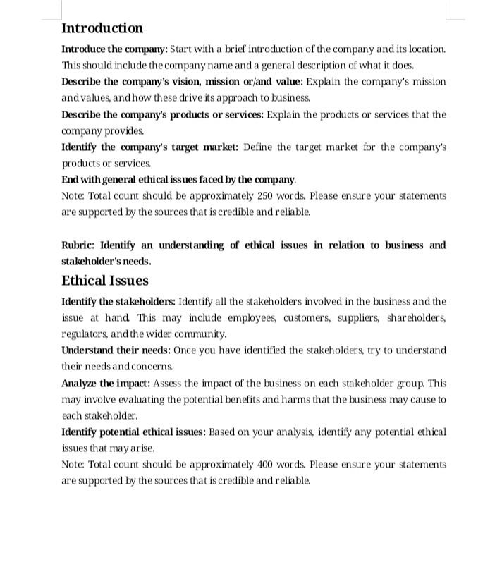 Solved Introduction Introduce the company: Start with a | Chegg.com