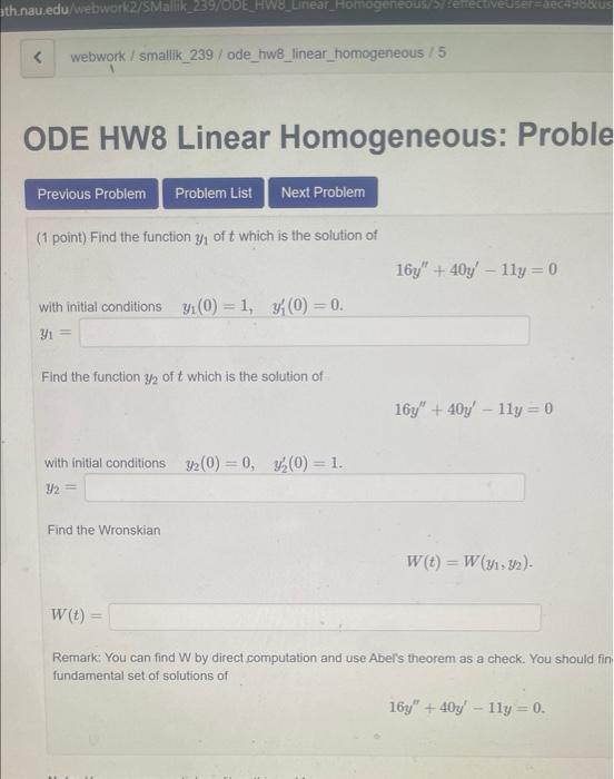 Solved ODE HW8 Linear Homogeneous: Proble (1 point) Find the | Chegg.com