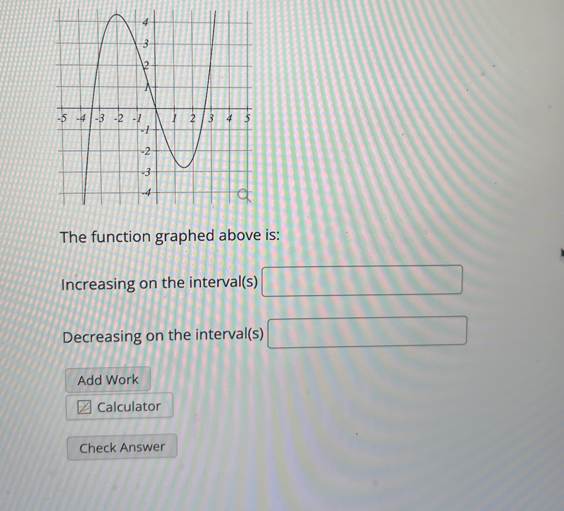 Solved The function graphed above is:Increasing on the | Chegg.com