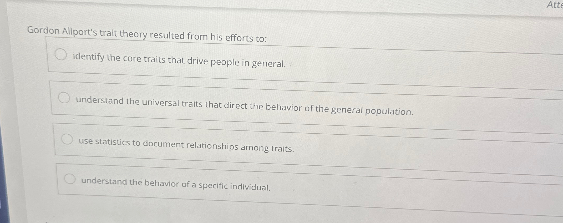 Solved Gordon Allport's trait theory resulted from his | Chegg.com