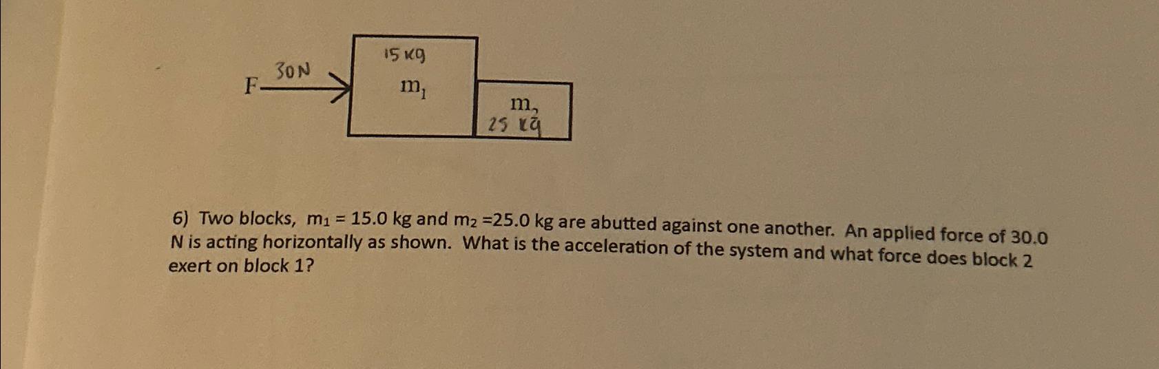 Solved Two blocks, m1=15.0kg ﻿and m2=25.0kg ﻿are abutted | Chegg.com