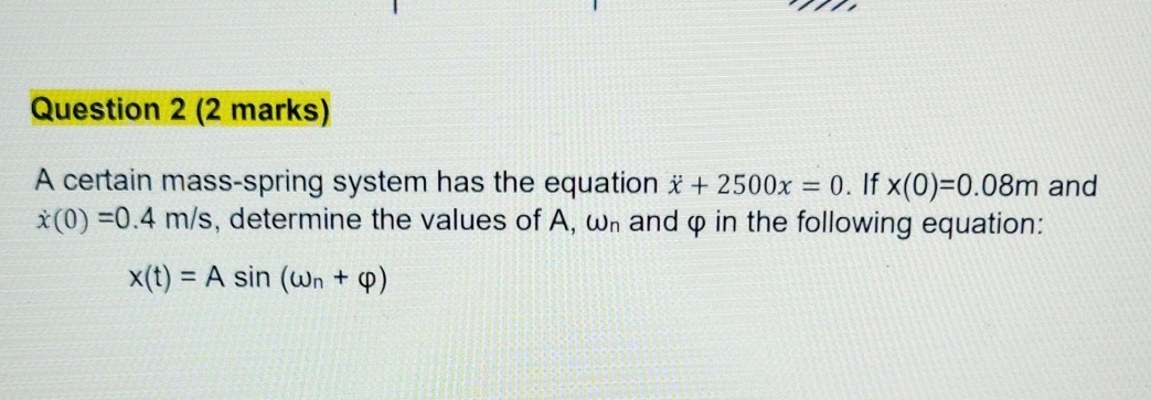 Solved Question 2 (2 ﻿marks)A certain mass-spring system has | Chegg.com
