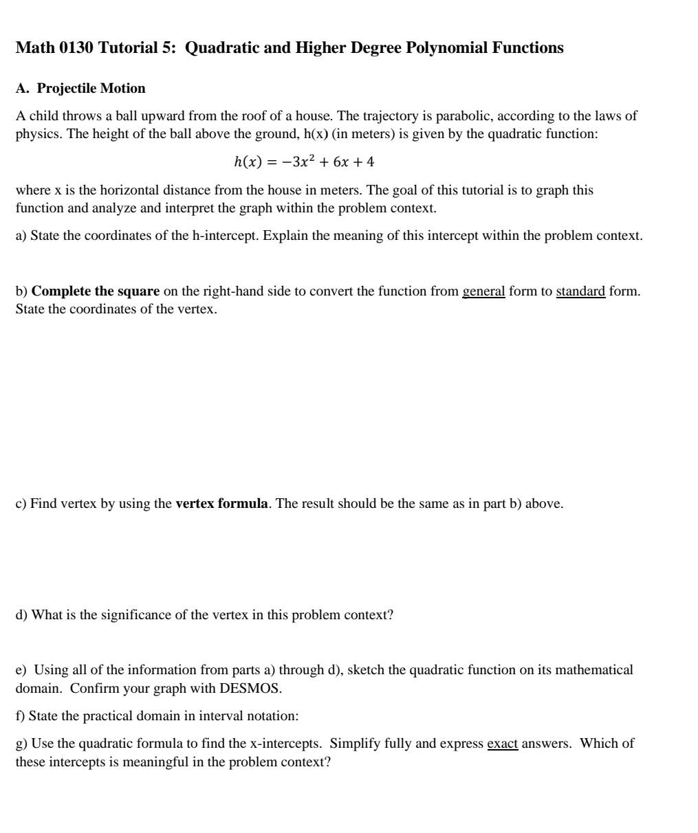 Solved Math 0130 Tutorial 5: Quadratic and Higher Degree | Chegg.com