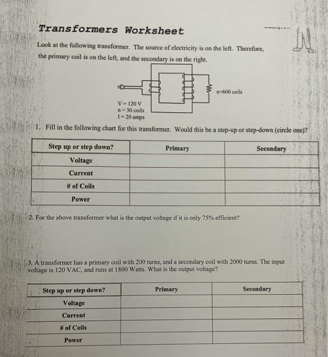Solved Transformers Worksheet Look at the following | Chegg.com