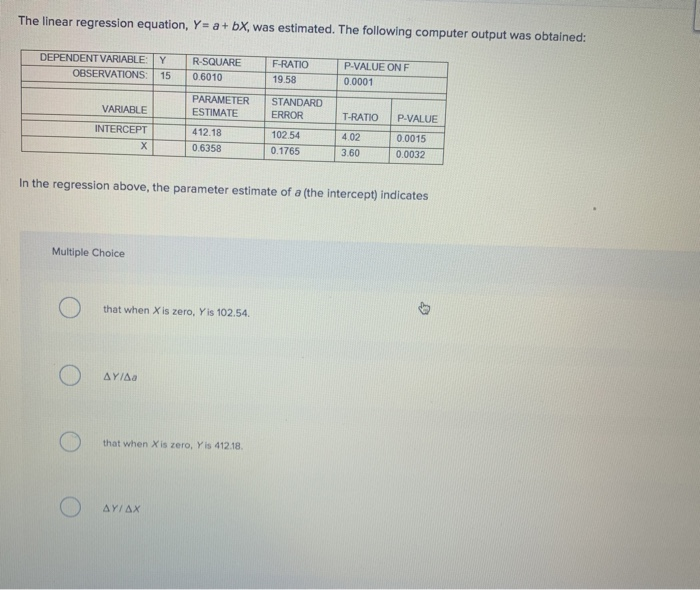 Solved The linear regression equation, Y= a + bx, was | Chegg.com