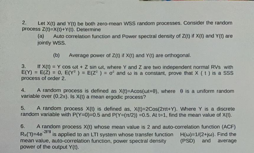 Solved Let x(t) ﻿and Y(t) ﻿be both zero-mean WSS random | Chegg.com