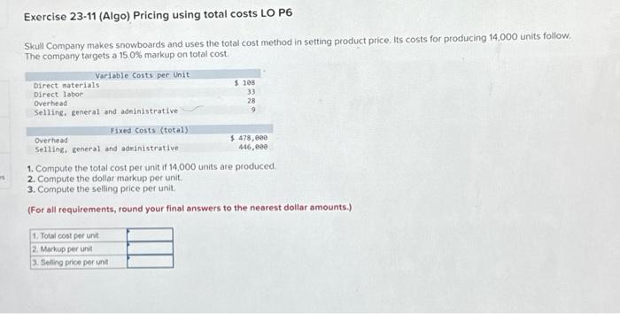 Solved Exercise 23-11 (Algo) Pricing using total costs LO P6 | Chegg.com