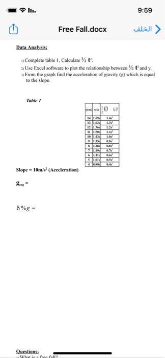 Solved 9:59 Free Fall.docx ( الخلف Data Analysis: ) Complete | Chegg.com