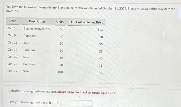 Solved You have the following information for Blossom Inc. | Chegg.com